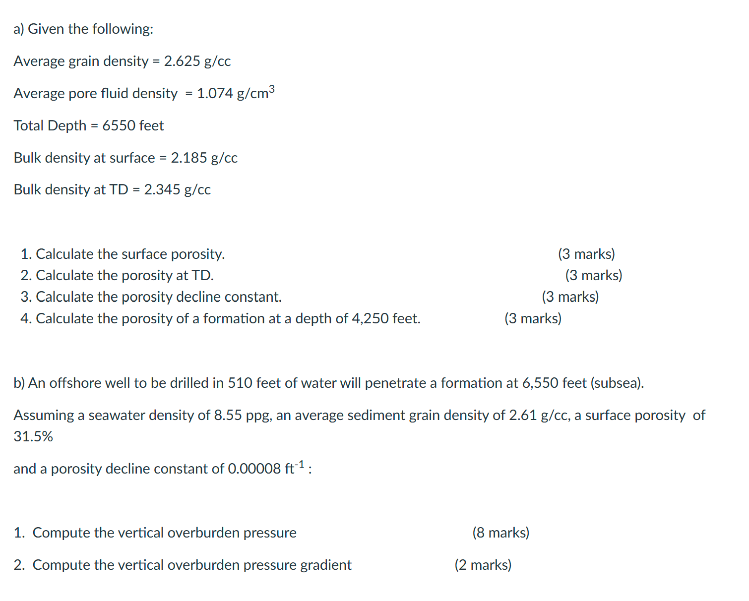 Solved a=2.625gccAverage pore fluid density =1.074gcm3Total | Chegg.com