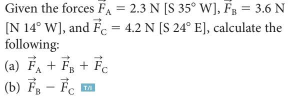 Solved Given the forces vec(F)A=2.3N[(S)35°W],vec(F)B=3.6N | Chegg.com