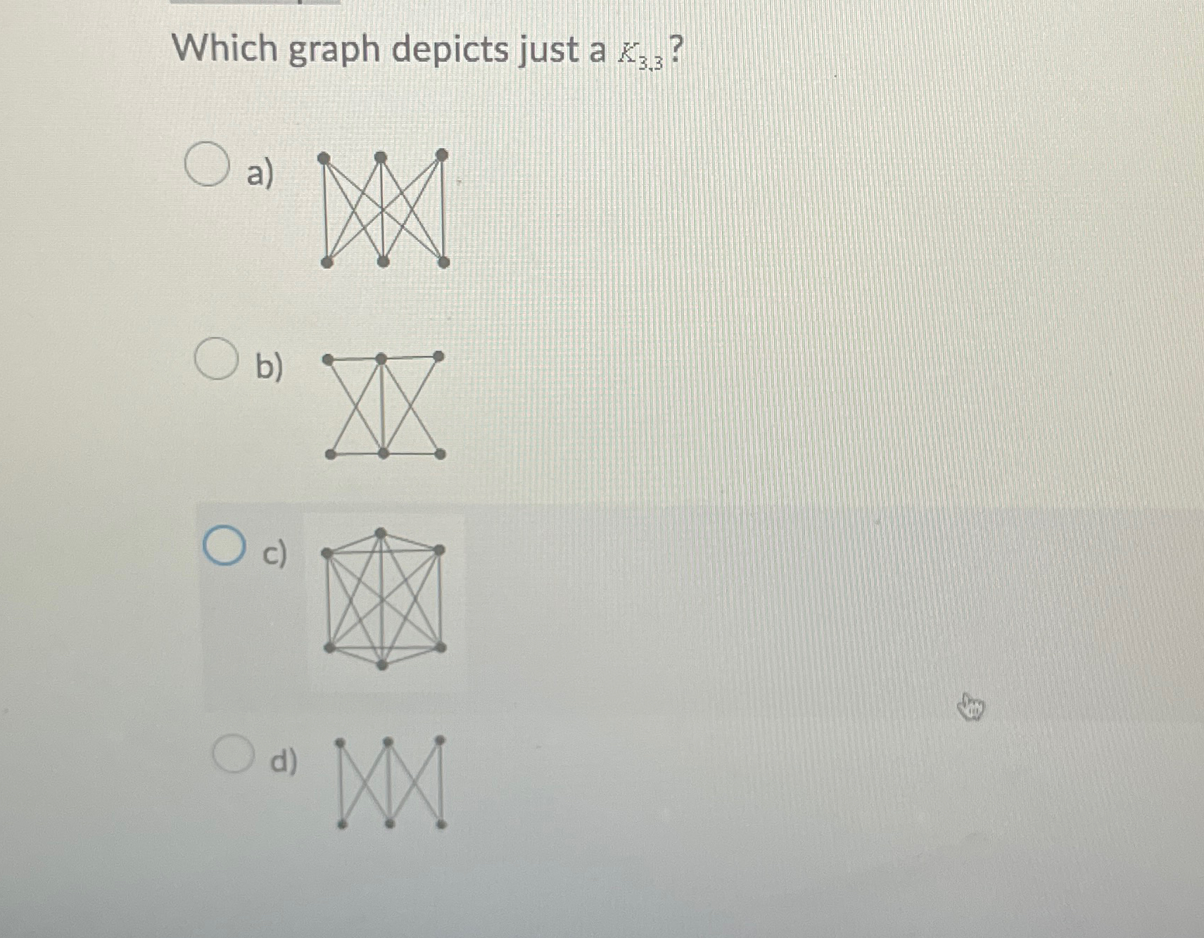 Solved Which graph depicts just a K3,3 ?a)b)c)d) | Chegg.com