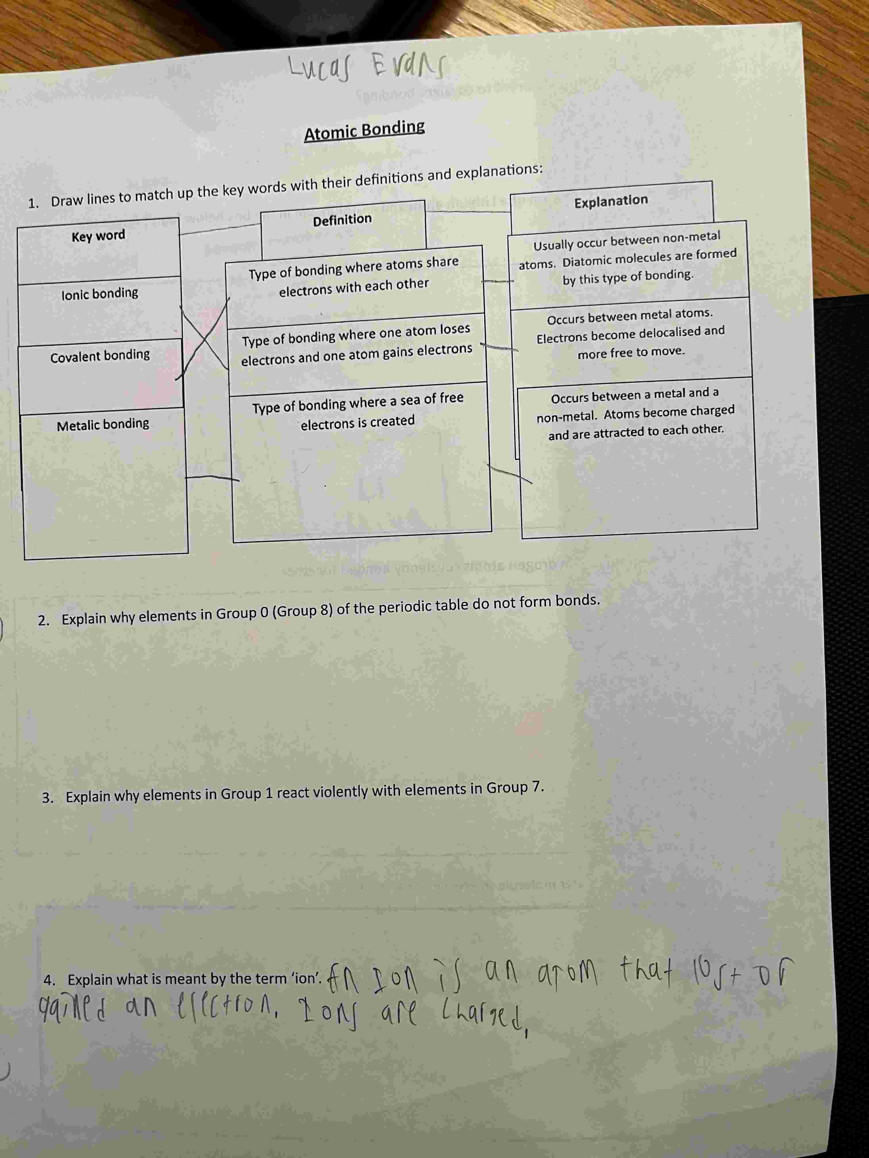 Atomic Bonding 1. ﻿Draw lines to match up the key | Chegg.com