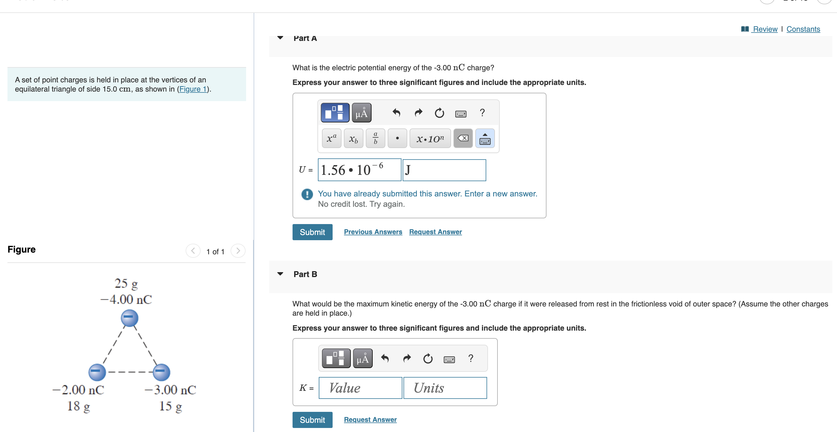 Solved Part AWhat is the electric potential energy of the | Chegg.com