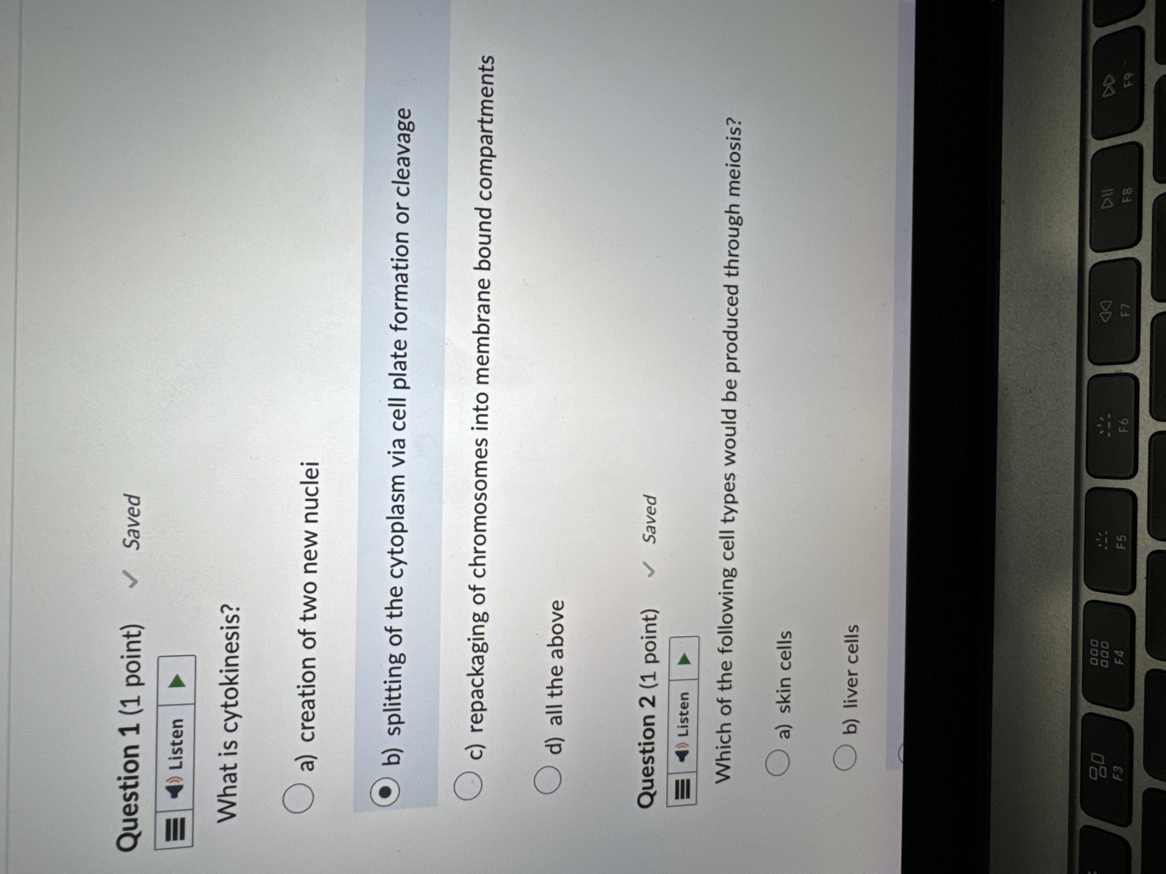 Solved Question 1 (1 ﻿point)What is cytokinesis?a) ﻿creation | Chegg.com