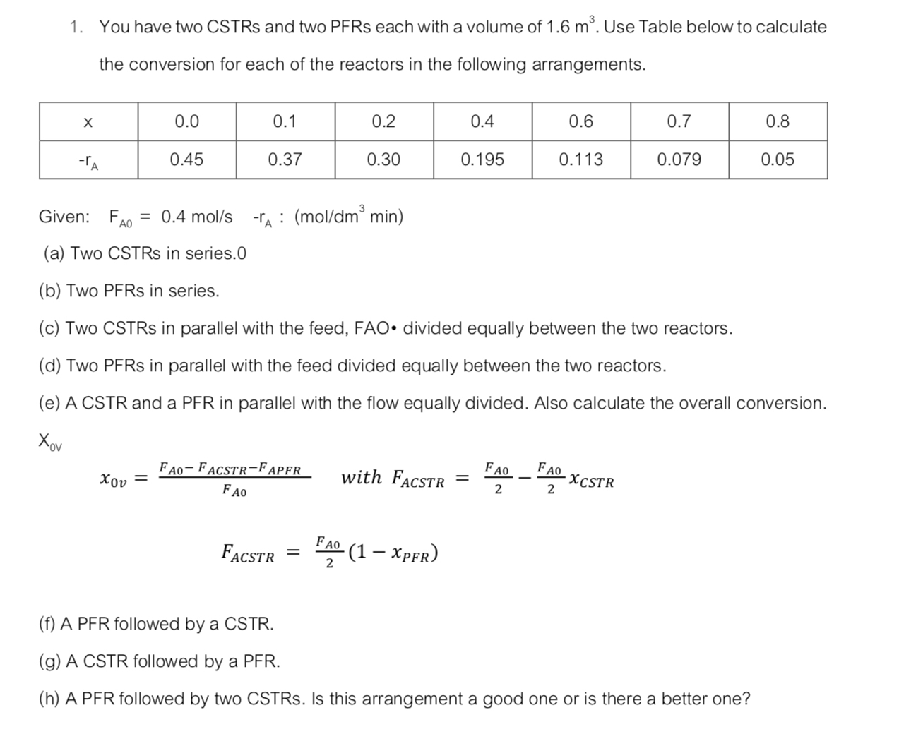 Solved You have two CSTRs and two PFRs each with a volume of | Chegg.com