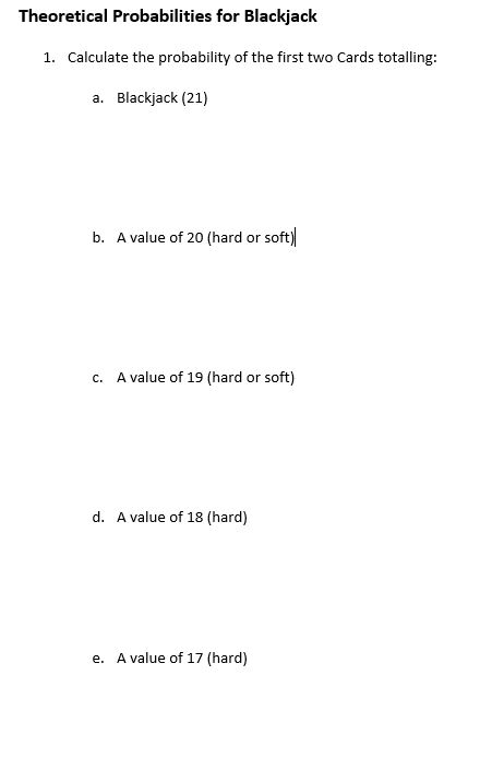 Solved Theoretical Probabilities for BlackjackCalculate the | Chegg.com
