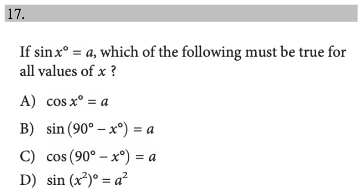 Solved code class="asciimath">If sinx\deg =a, ﻿which of the | Chegg.com