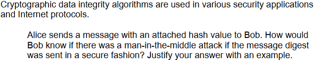 Solved Cryptographic data integrity algorithms are used in | Chegg.com