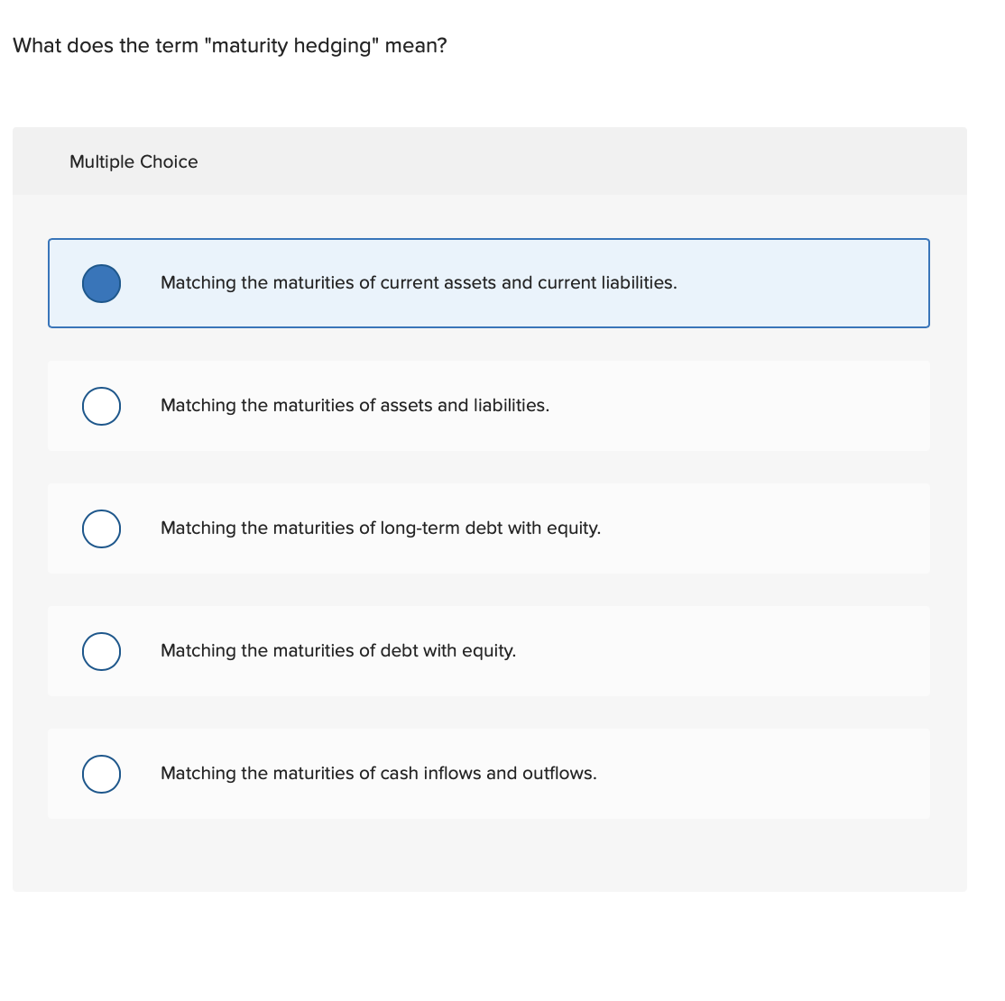 Solved What does the term "maturity hedging" mean? Multiple | Chegg.com
