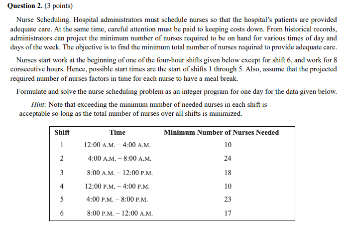 Solved Question 2. (3 ﻿points)Nurse Scheduling. Hospital | Chegg.com