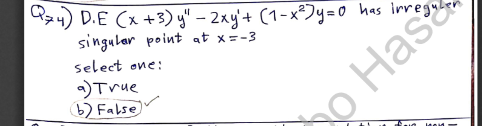 Solved Q74) ﻿D.E (x+3)y''-2xy'+(1-x2)y=0 ﻿has irreguler | Chegg.com