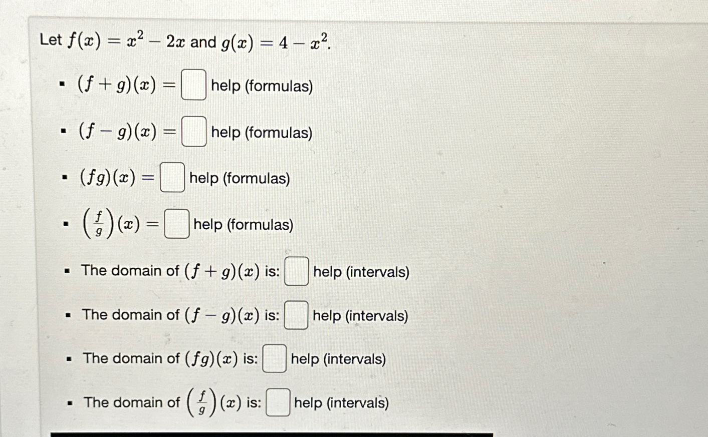 Solved Let f(x)=x2-2x ﻿and g(x)=4-x2.(f+g)(x)= ﻿help | Chegg.com