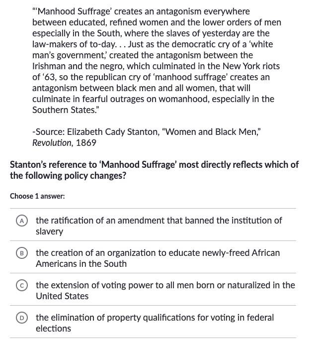 Solved “'Manhood Suffrage' creates an antagonism | Chegg.com