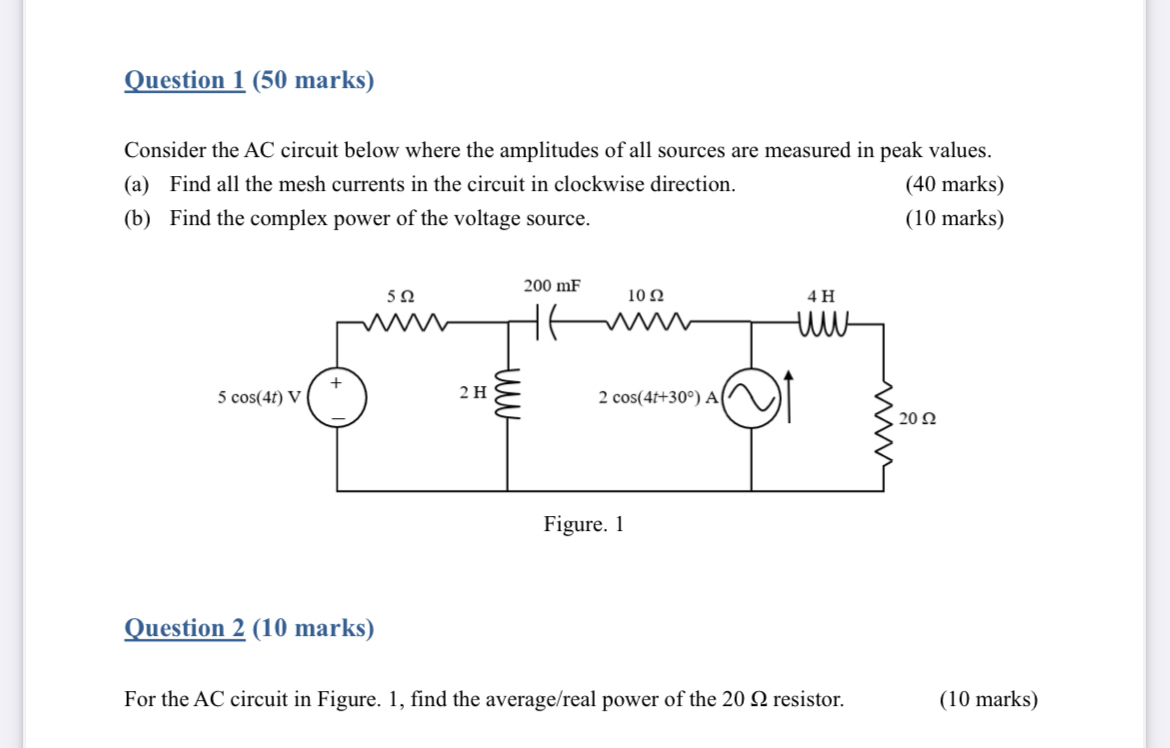 Solved Question 1 (50 ﻿marks)Consider the AC circuit below | Chegg.com