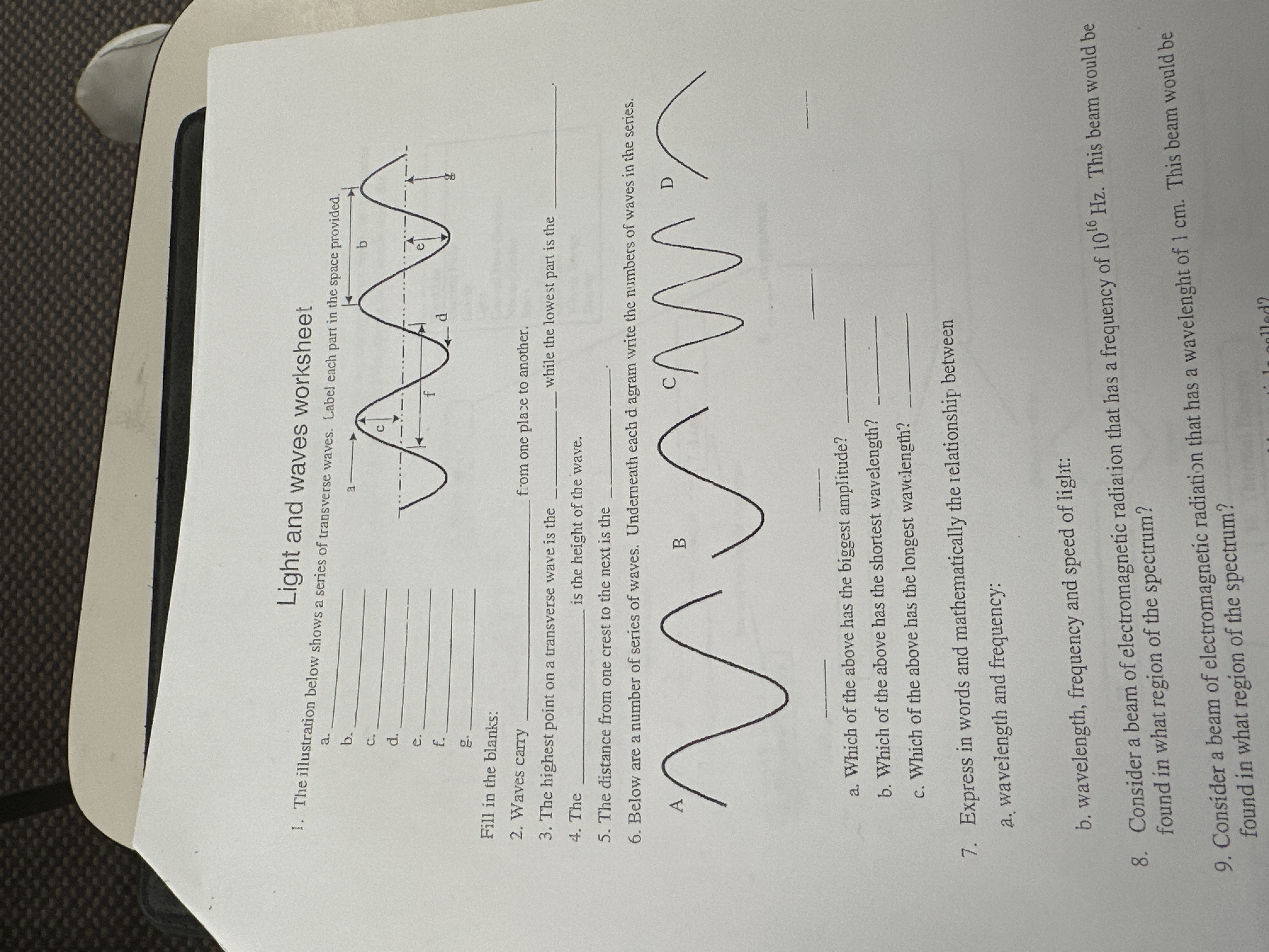 Solved Light and waves worksheet The illustration below | Chegg.com