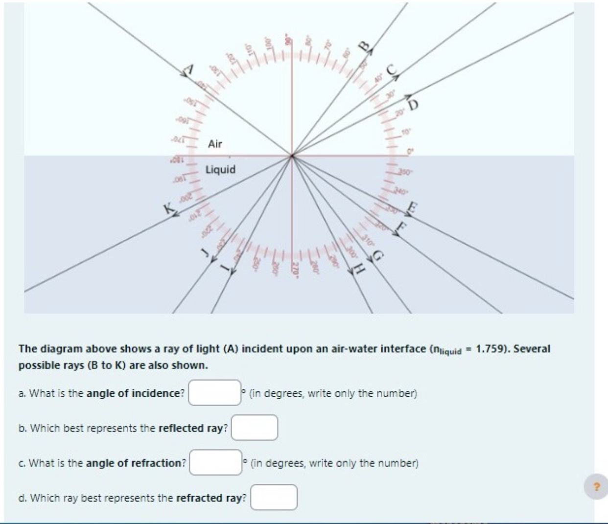 Solved The diagram above shows a ray of light (A) ﻿incident | Chegg.com