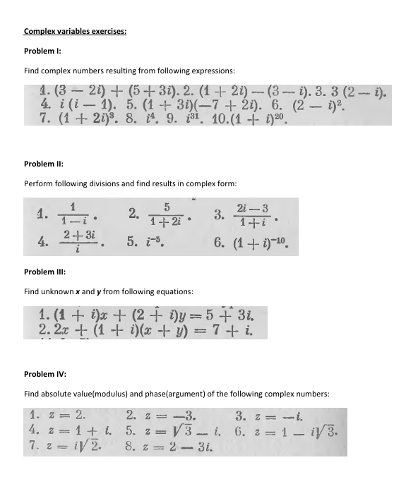Complex variables exercises:Problem I:Find complex | Chegg.com