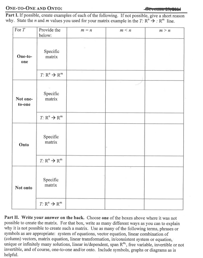 Solved ONE-TO-ONE AND ONTO:Part I. If possible, create | Chegg.com