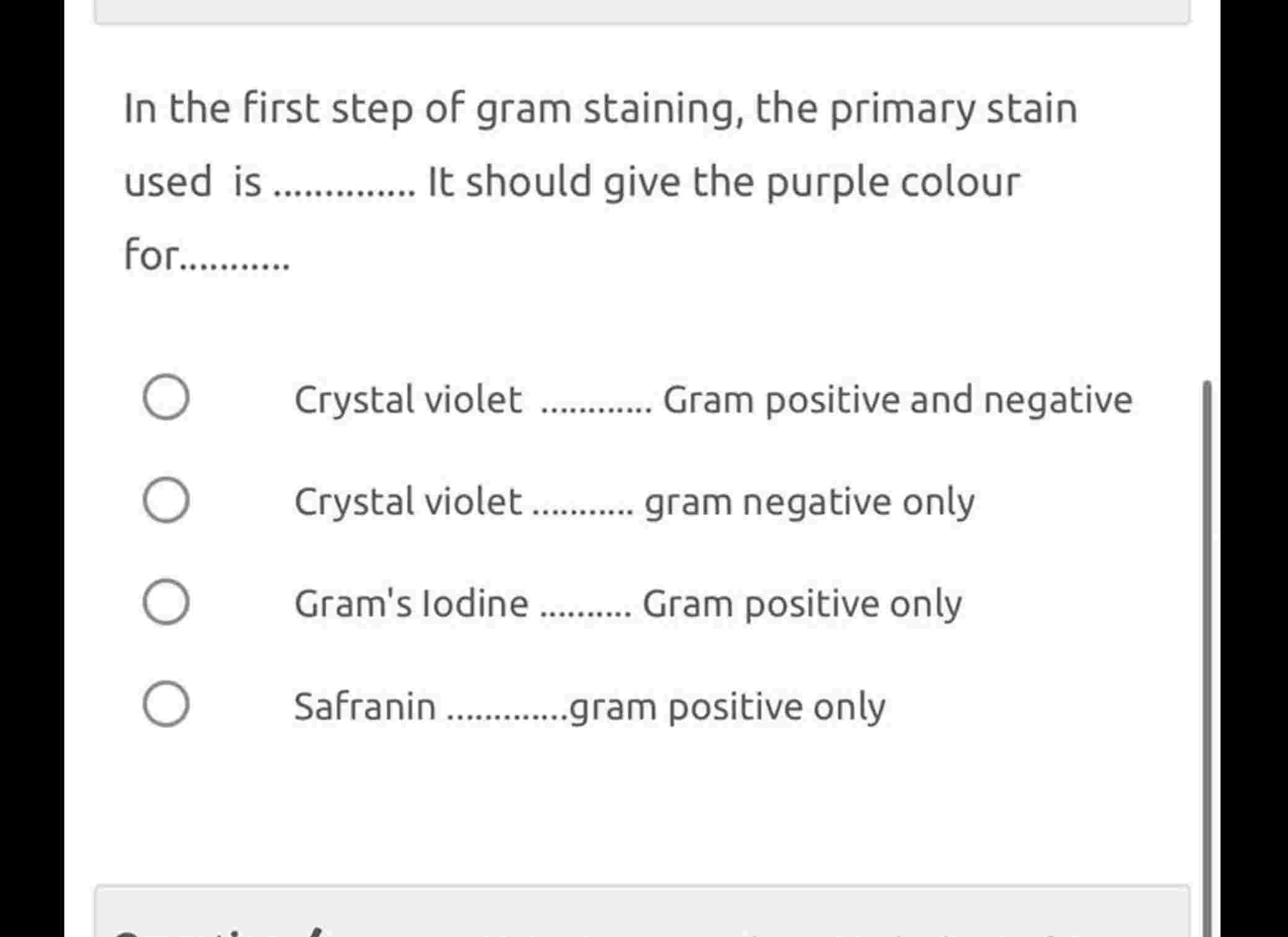 Solved In the first step of gram staining, the primary stain | Chegg.com