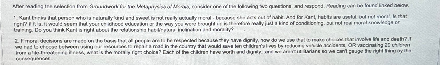 Solved After reading the selection from Groundwork for the | Chegg.com