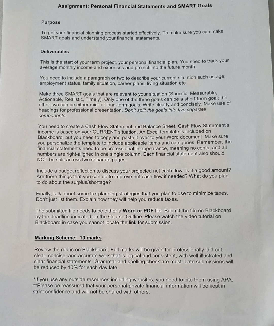 Solved Assignment: Personal Financial Statements and SMART | Chegg.com