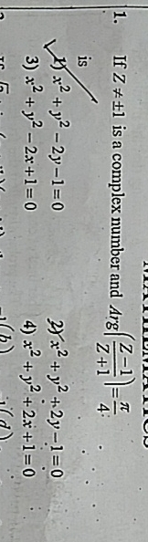 Solved If Z≠+-1 ﻿is a complex number and Arg(Z-1Z+1)=π4 ﻿: | Chegg.com