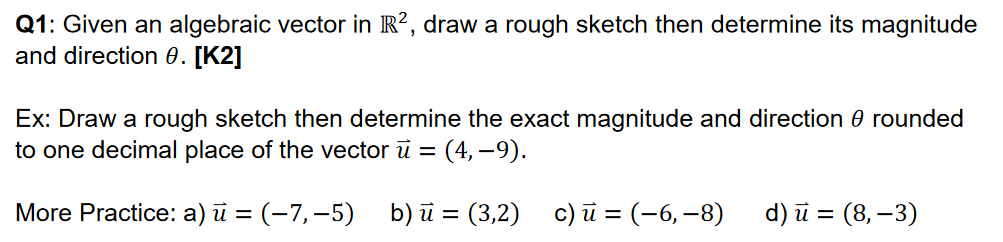 Q1: Given an algebraic vector in R2, ﻿draw a rough | Chegg.com