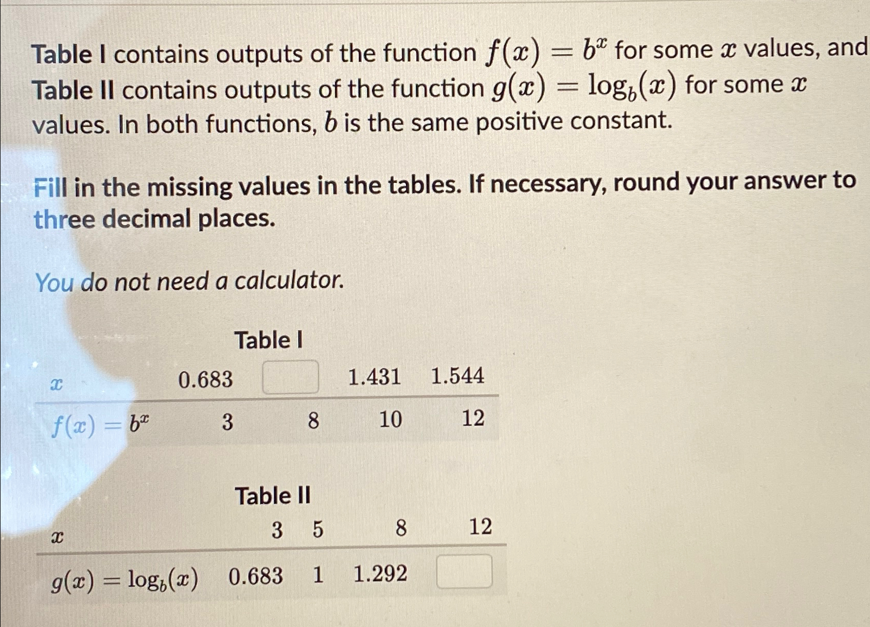 Solved Table I contains outputs of the function f(x)=bx ﻿for | Chegg.com