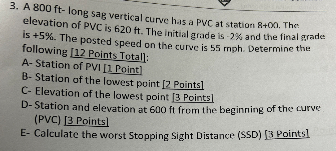 Solved A 800ft - ﻿long sag vertical curve has a PVC at | Chegg.com