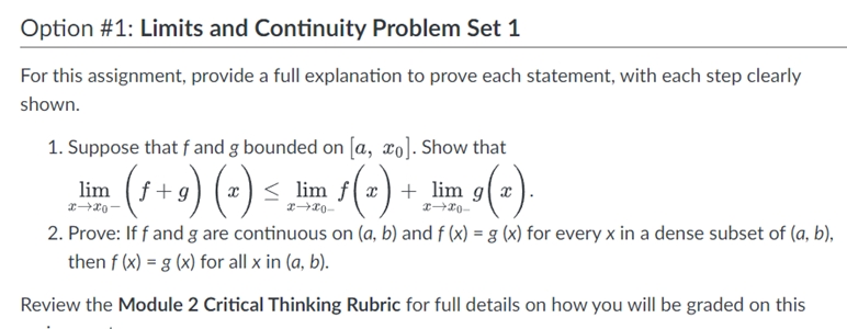 Solved Option #1: Limits and Continuity Problem Set 1For | Chegg.com