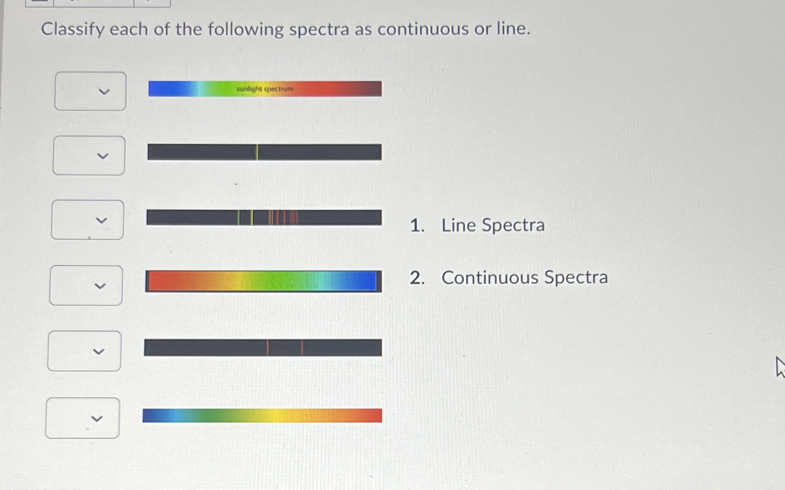 Solved Classify each of the following spectra as continuous | Chegg.com