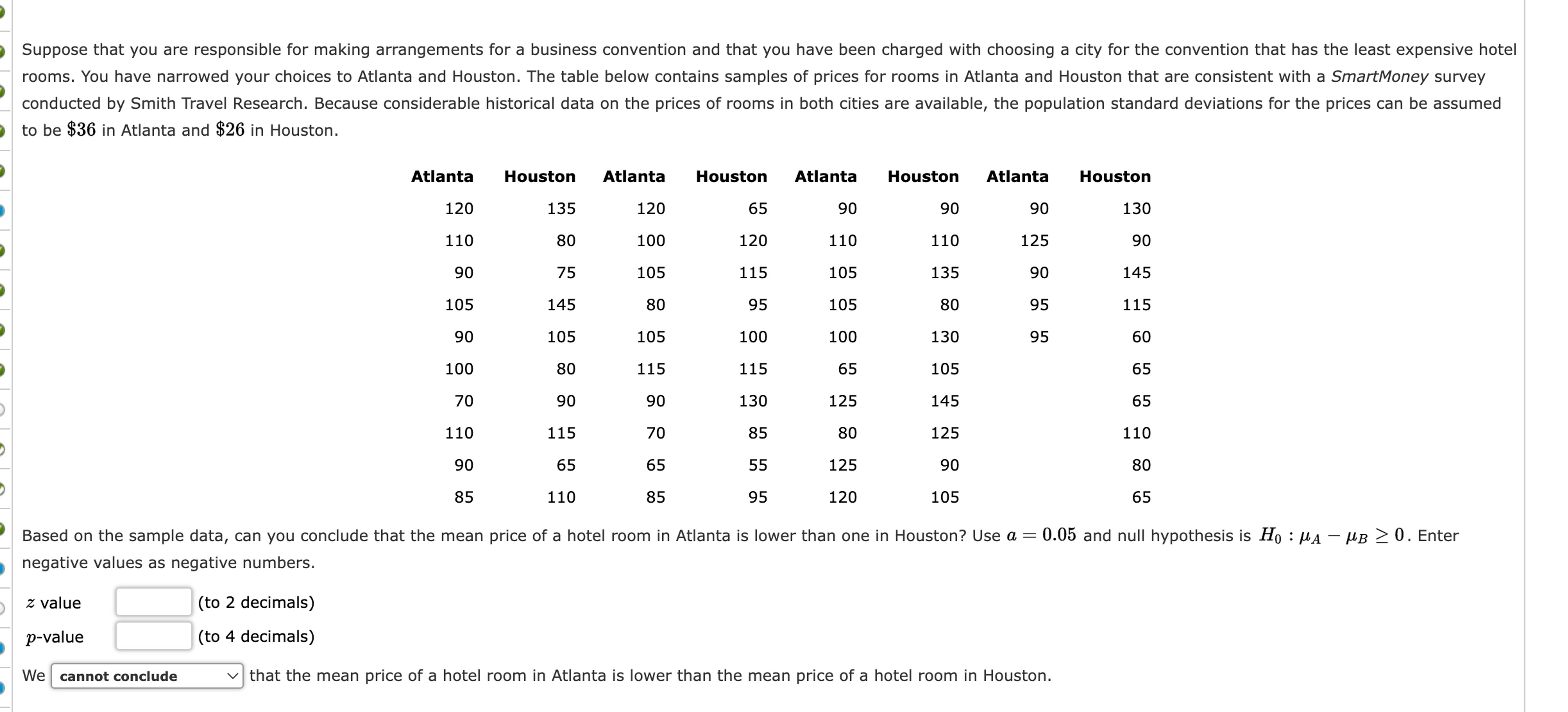 Solved rooms. You have narrowed your choices to Atlanta and | Chegg.com