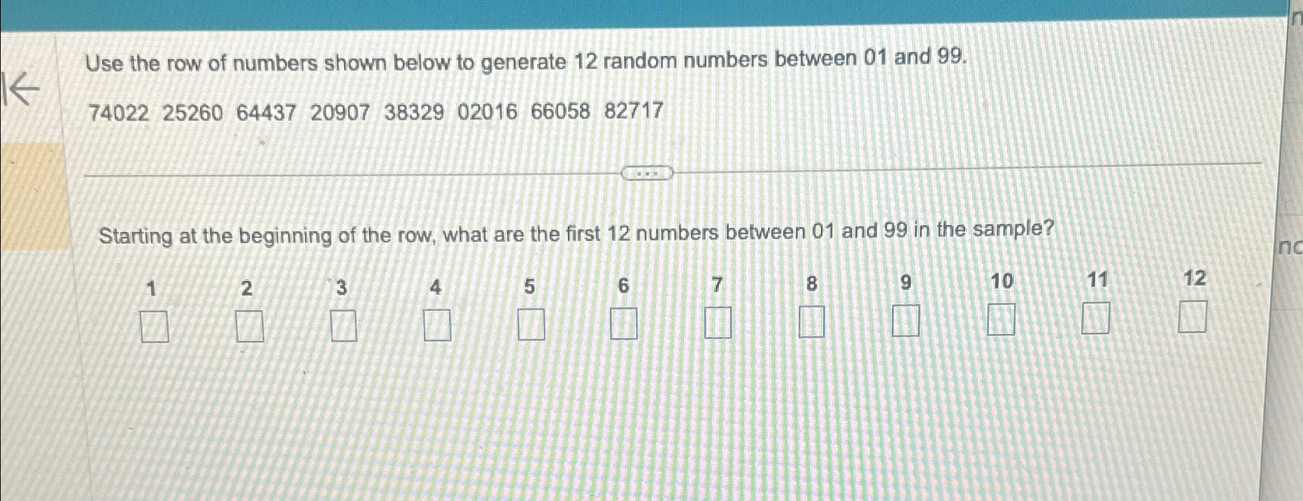 Solved Use the row of numbers shown below to generate 12 | Chegg.com