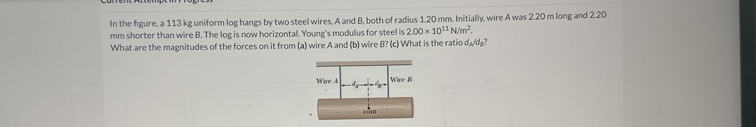 Solved In the figure, a 113 ﻿kg uniform log hangs by two | Chegg.com