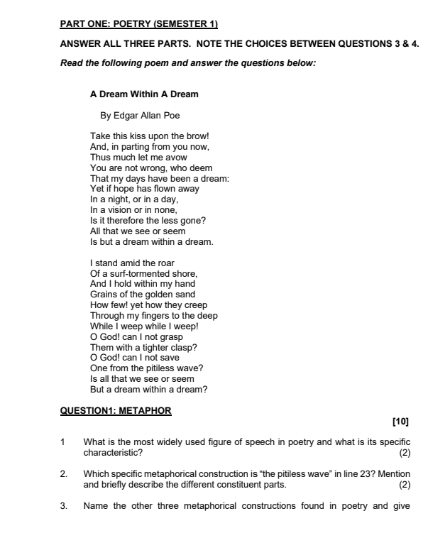 PART ONE: POETRY (SEMESTER 1)ANSWER ALL THREE PARTS. | Chegg.com