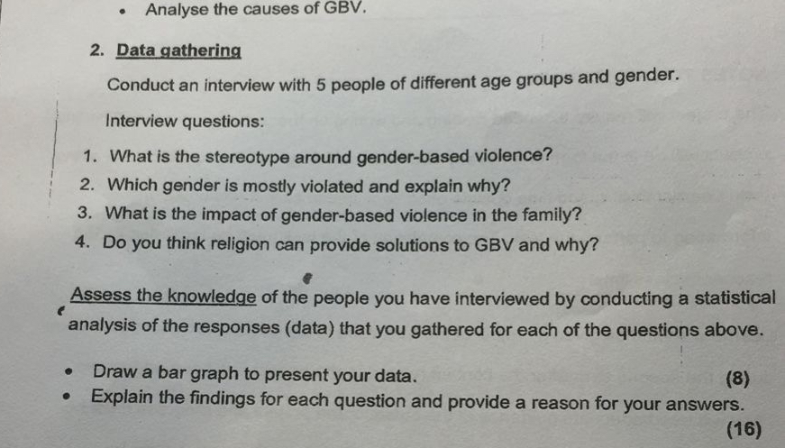 Solved Analyse the causes of GBV. ﻿Data gathering Conduct an | Chegg.com
