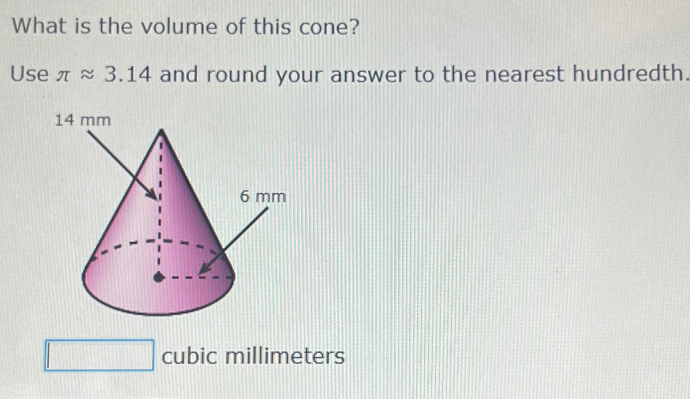 Solved What is the volume of this cone?Use π~~3.14 ﻿and | Chegg.com