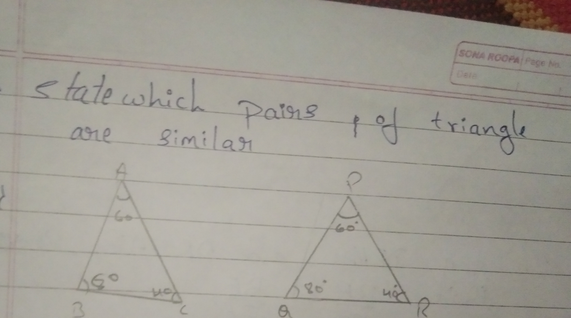 Solved statewhich pairs, of triangle are similar | Chegg.com