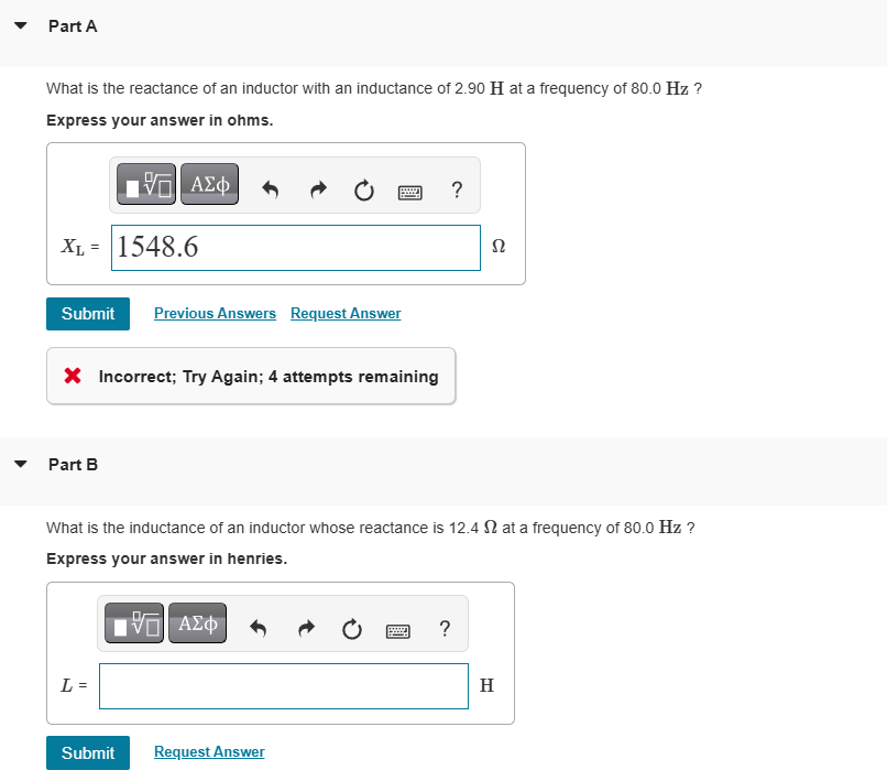 Solved Part Awhat Is The Reactance Of An Inductor With An