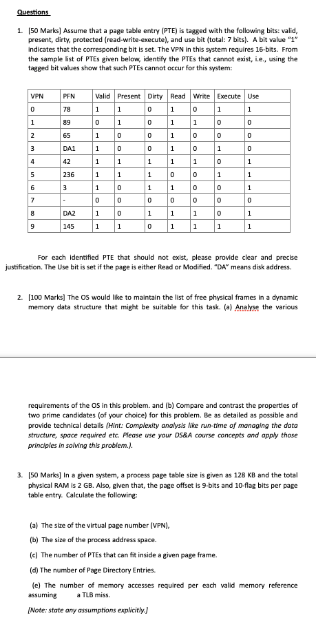 Solved Questions [50 ﻿Marks] ﻿Assume that a page table entry | Chegg.com