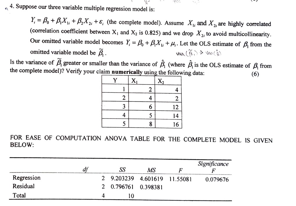 Solved Suppose our three variable multiple regression model | Chegg.com