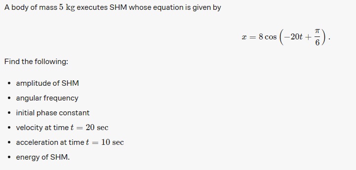 Solved A body of mass 5kg ﻿executes SHM ﻿whose equation is | Chegg.com