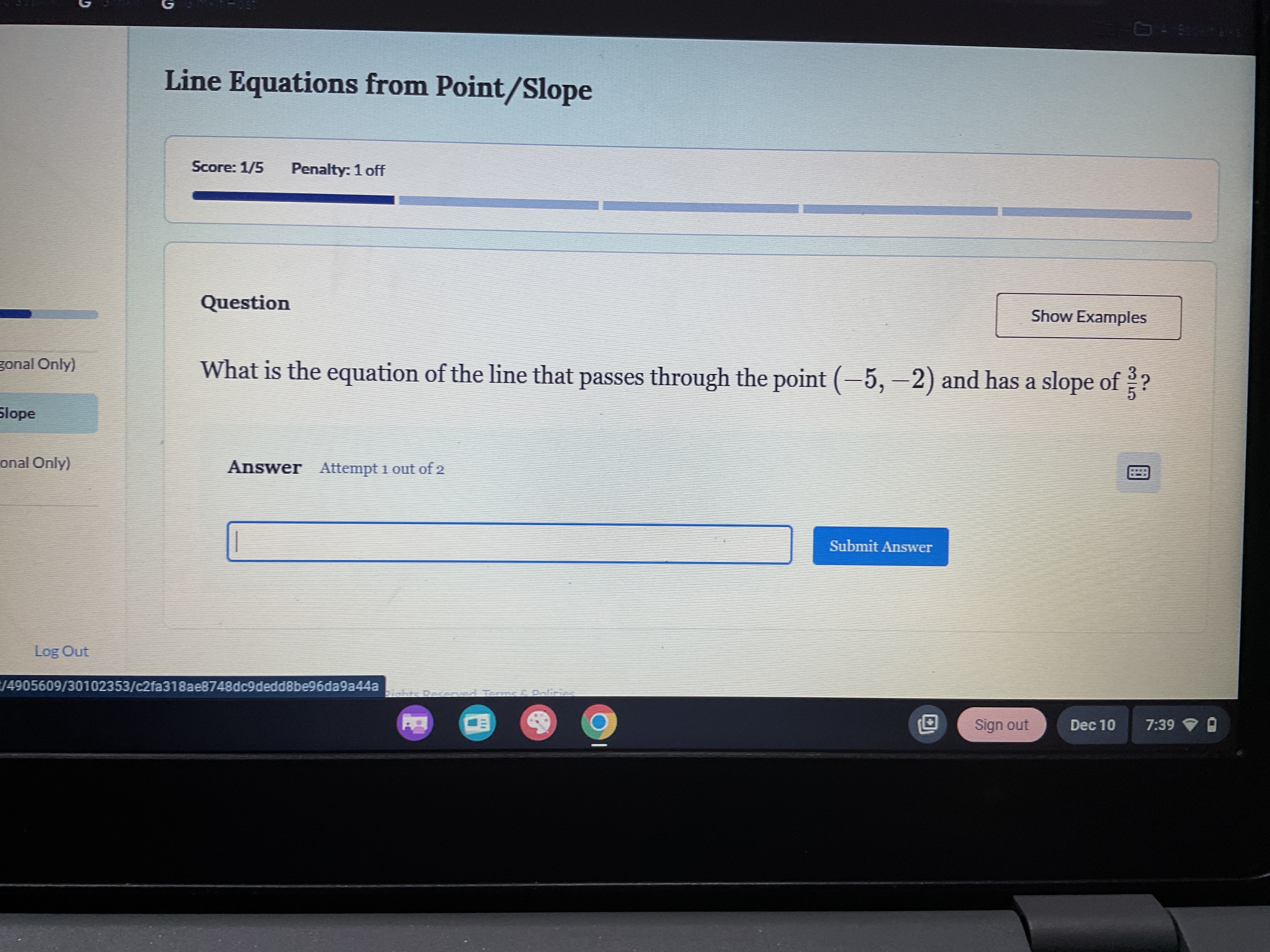 Solved Line Equations from Point/Slope Score: 1/5 ﻿Penalty: | Chegg.com