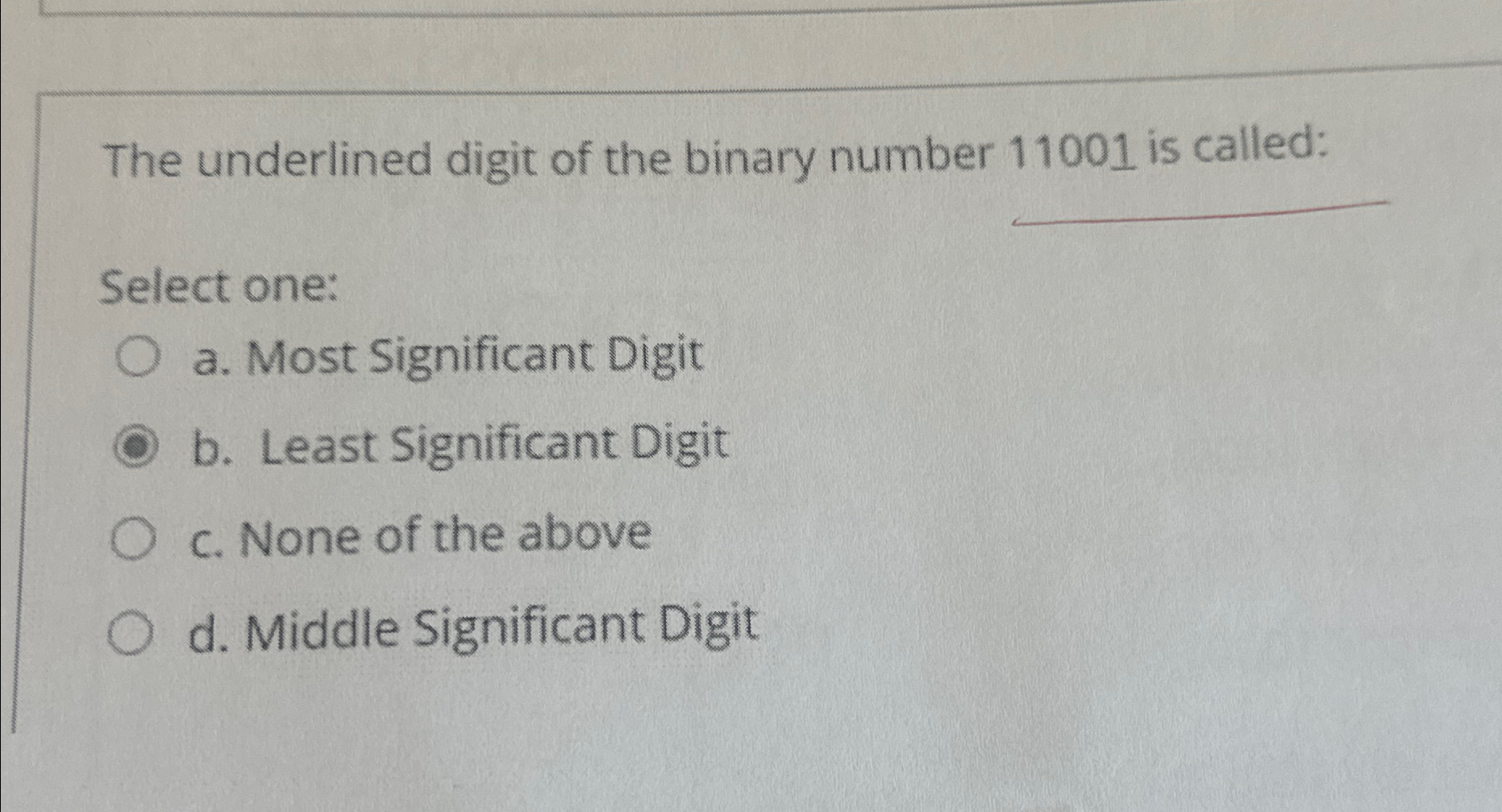 Solved The Underlined Digit Of The Binary Number 11001 ﻿is 