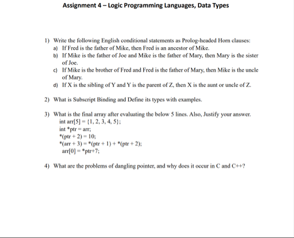 Assignment 4 - ﻿Logic Programming Languages, Data | Chegg.com