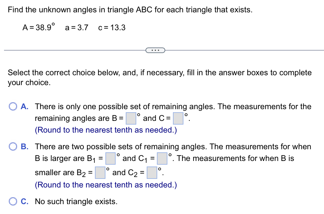 Solved Find the unknown angles in triangle ABC for each | Chegg.com
