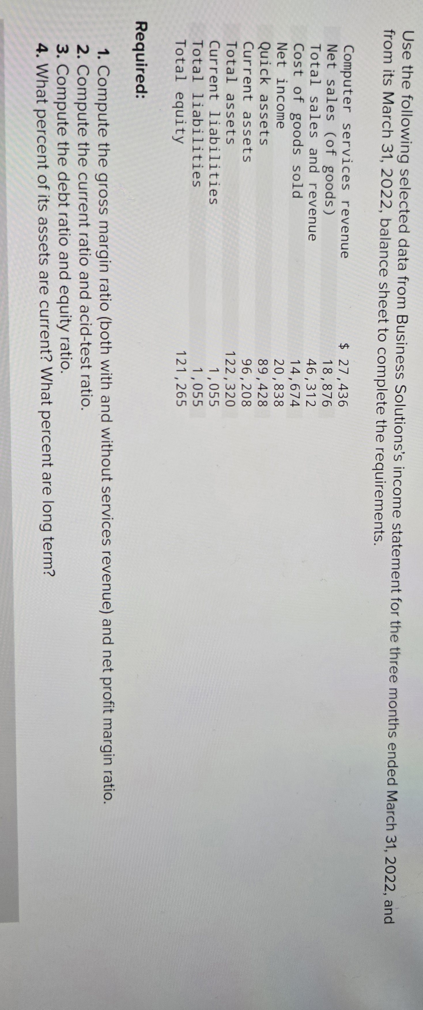 Solved Use the following selected data from Business | Chegg.com