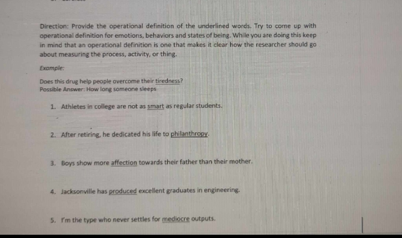 Solved Direction: Provide the operational definition of the | Chegg.com