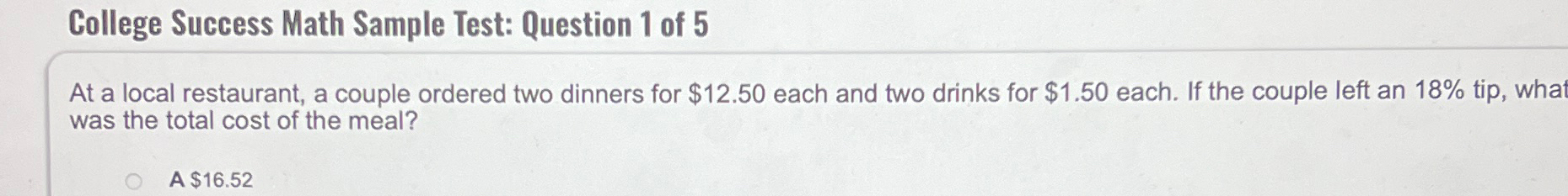 Solved College Success Math Sample Test: Question 1 ﻿of 5At | Chegg.com