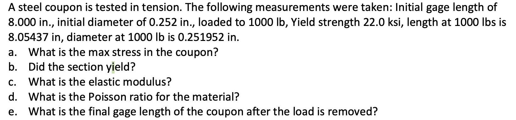 Solved A steel coupon is tested in tension. The following | Chegg.com