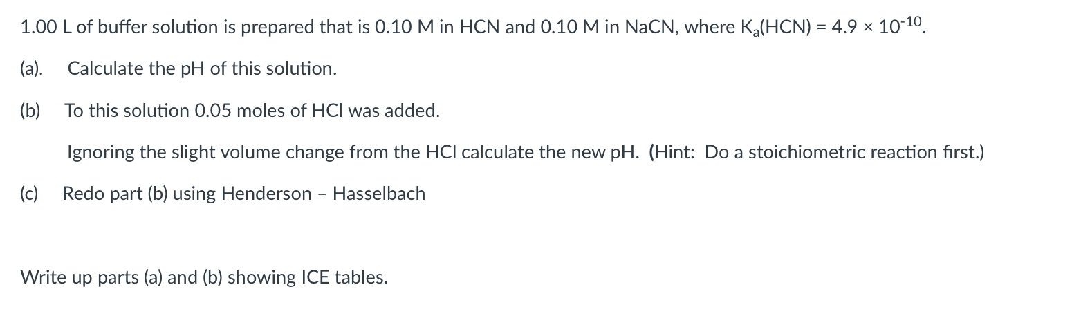 Solved 1.00 ﻿L of buffer solution is prepared that is 0.10M | Chegg.com