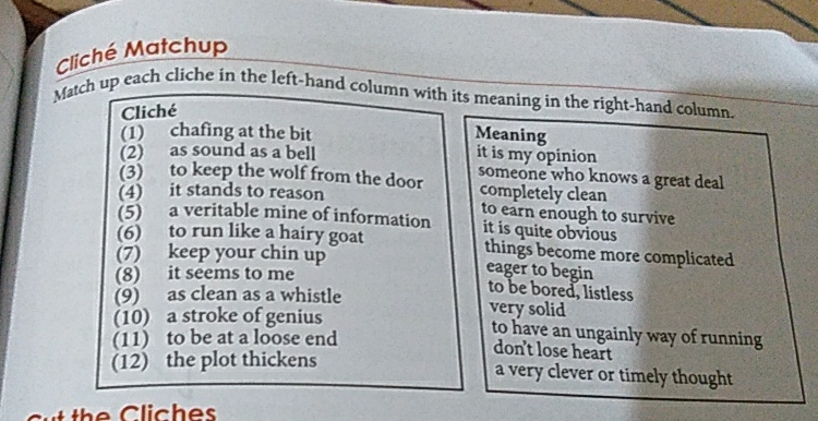 Solved Cliché ﻿Matchup Match up each cliche in the left-hand | Chegg.com